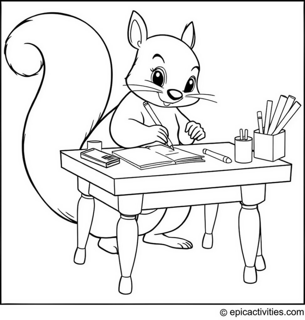 Coloring page of a Busy Squirrel Writing a Letter – epicactivities.com
