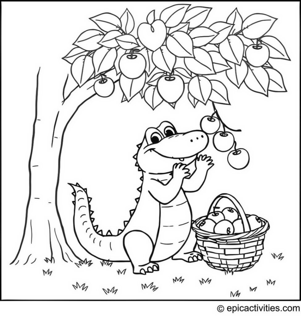 Coloring page of a Cute Alligator Picking Apples – epicactivities.com