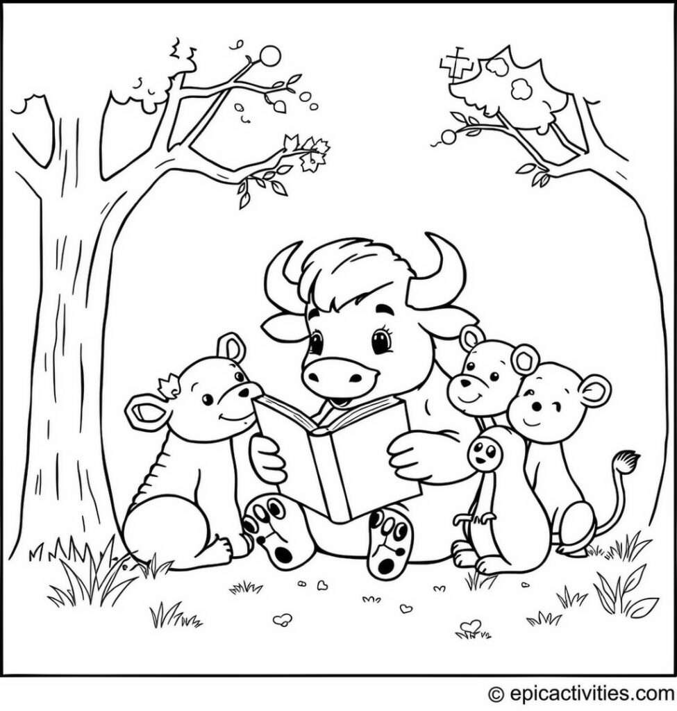 Coloring page of a Buffalo Reading to Forest Animals – epicactivities.com